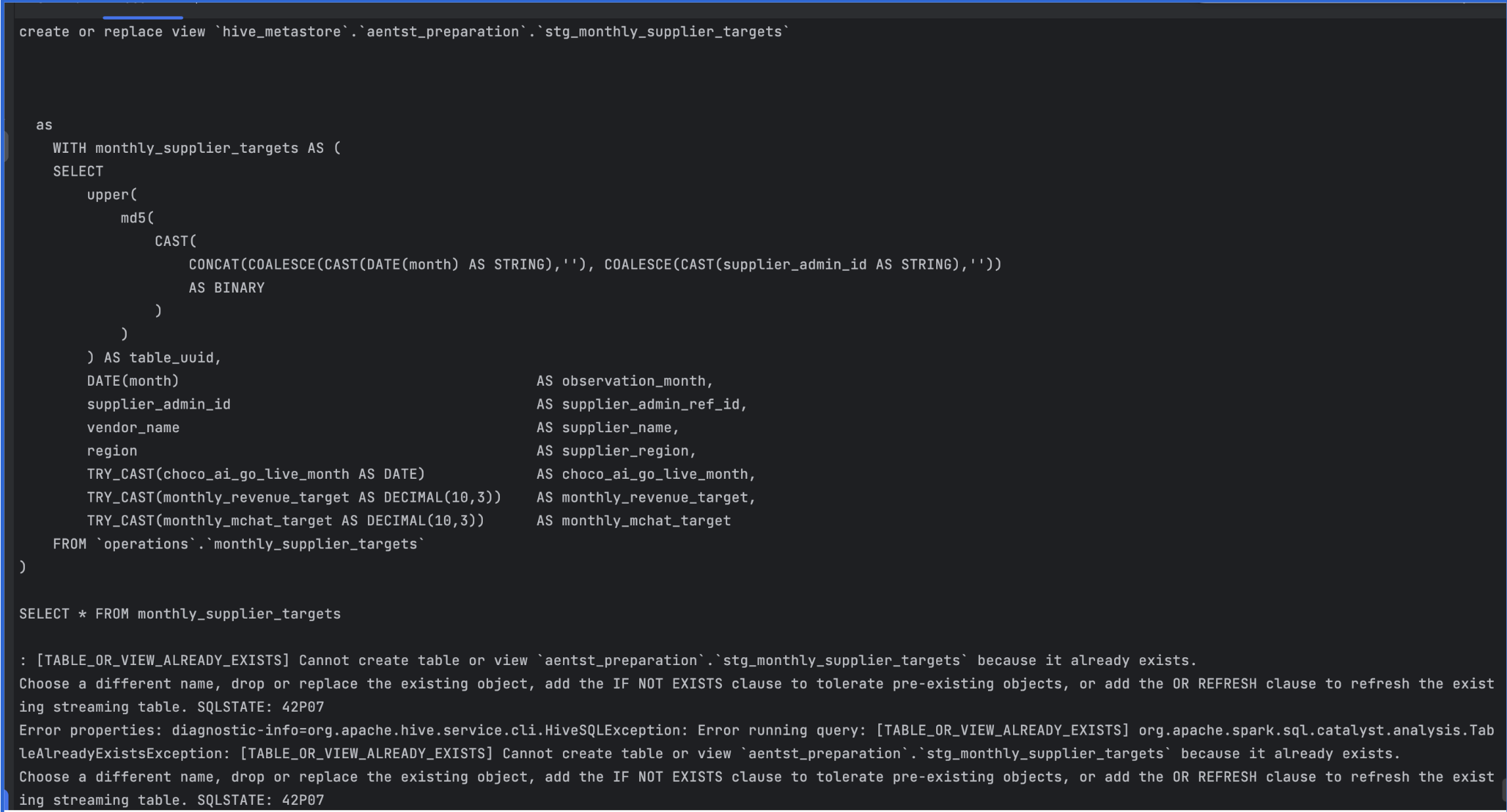 Solved: [TABLE_OR_VIEW_ALREADY_EXISTS] when running create... - Databricks Community - 71787